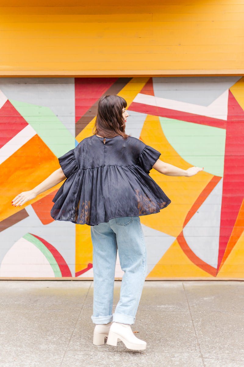 Mushroom Top in Black Shiny Floral (RTS) – Nettle Studios